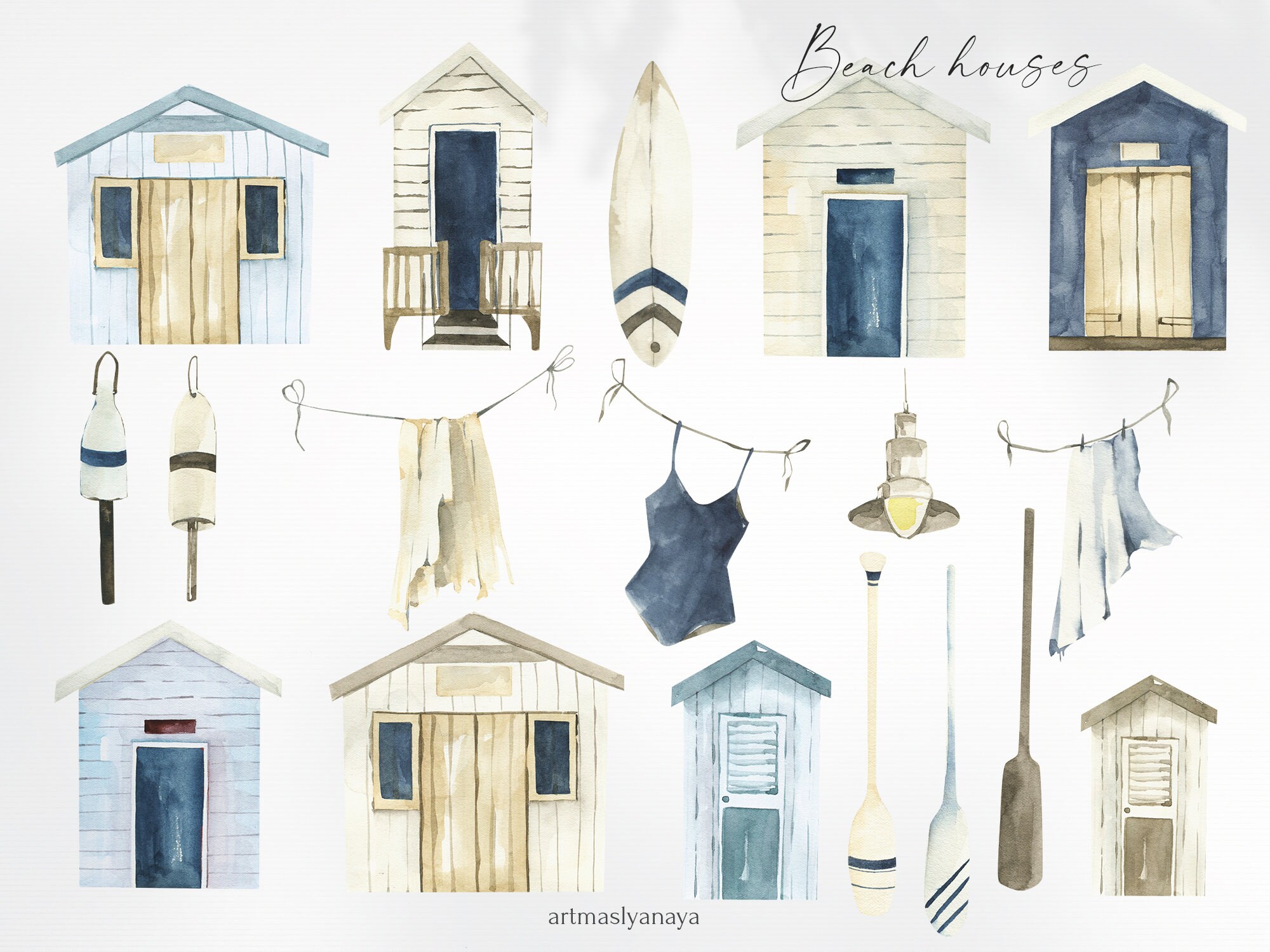 Watercolor Beach Houses Clipart. Digital Painted Summer - Etsy