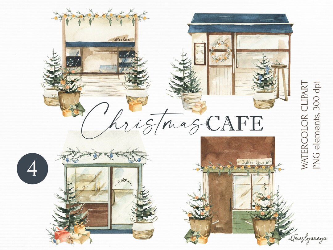 Watercolor Christmas Cafe Clipart, Winter Holidays Decor, Christmas ...