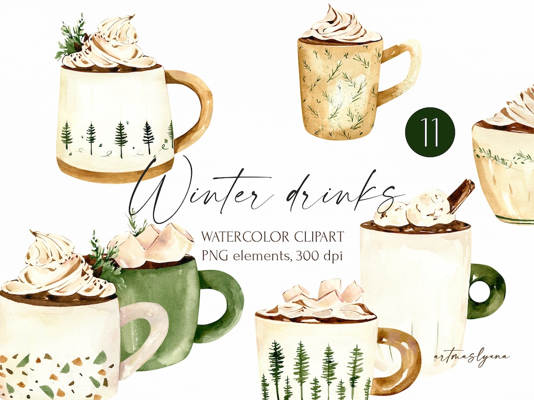 Watercolor Hot Winter Drinks Clipart, Christmas Cups, Cute Ceramic Mugs ...