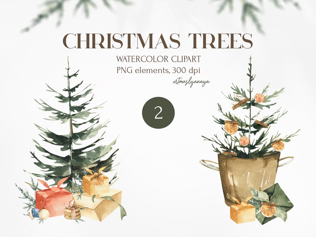 Watercolor Christmas Tree Clipart for Instant Download. - Etsy