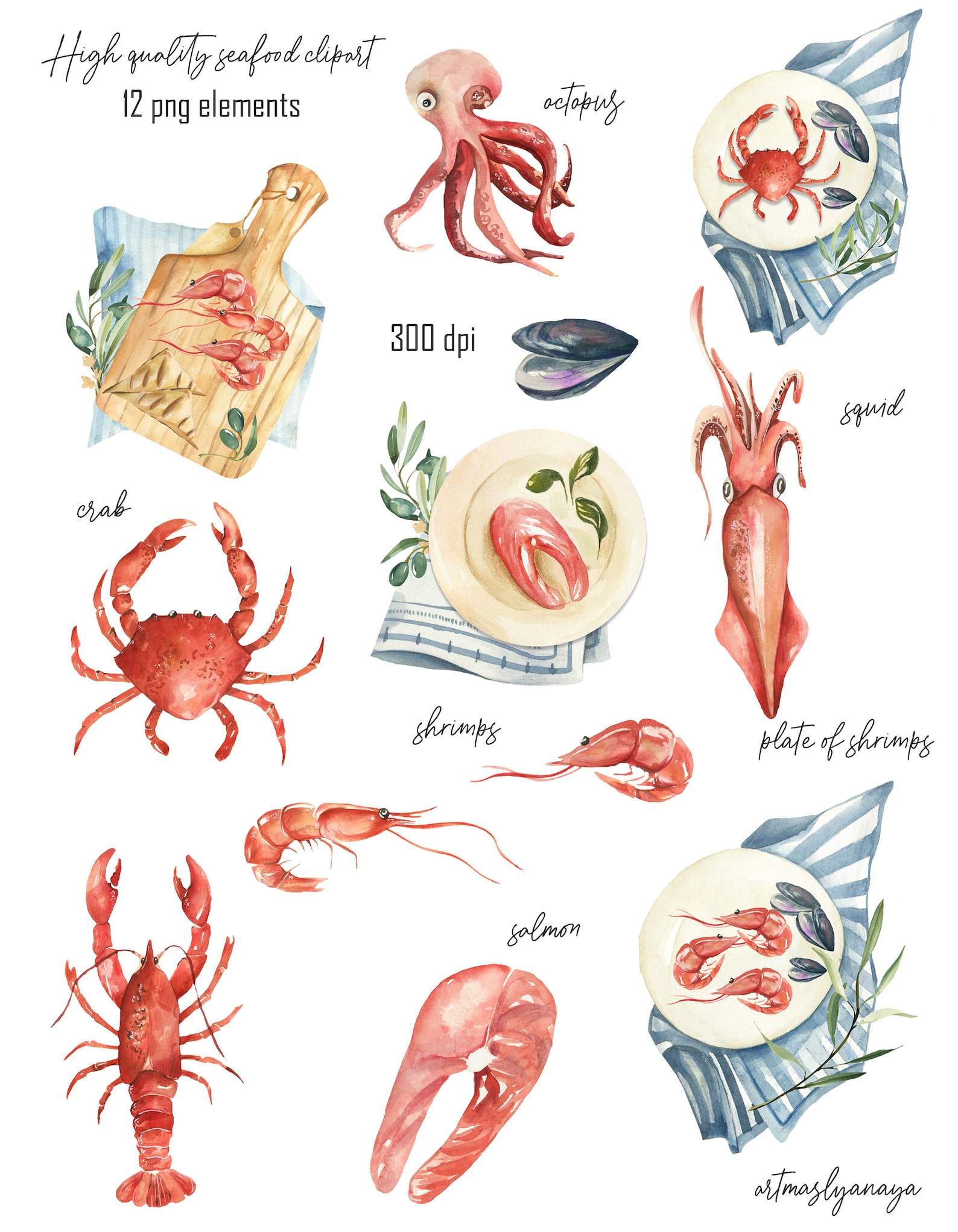Watercolor Seafood Clipart for Instant Download. Hand Drawn Srimps ...