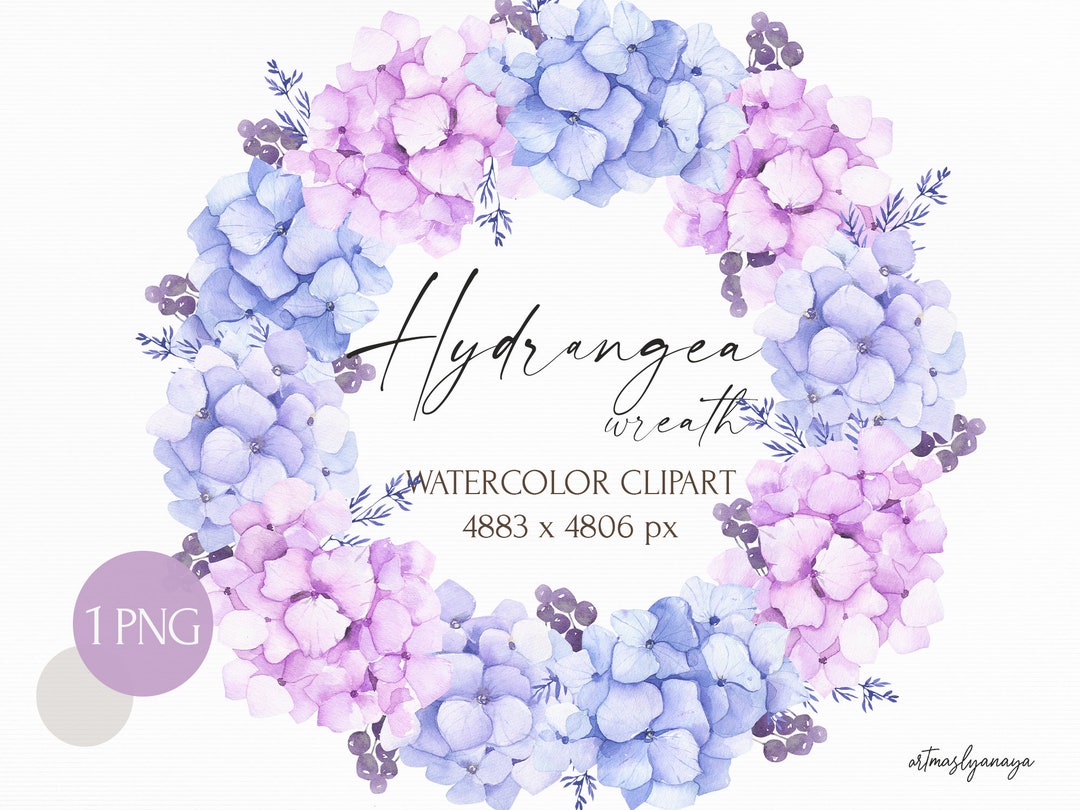 Watercolor Wreath of Hydrangea Flowers, Clipart for Instant Download ...