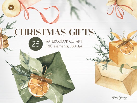 Watercolor Christmas Clipart of Gifts Packages and Ribbons | Etsy