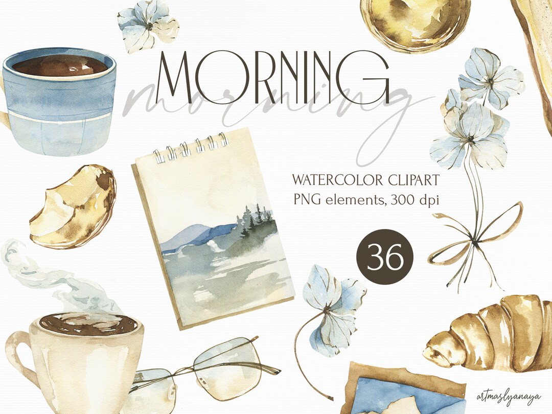 Watercolor Clipart of Morning Elements. Planner Illustrations: Cups of ...