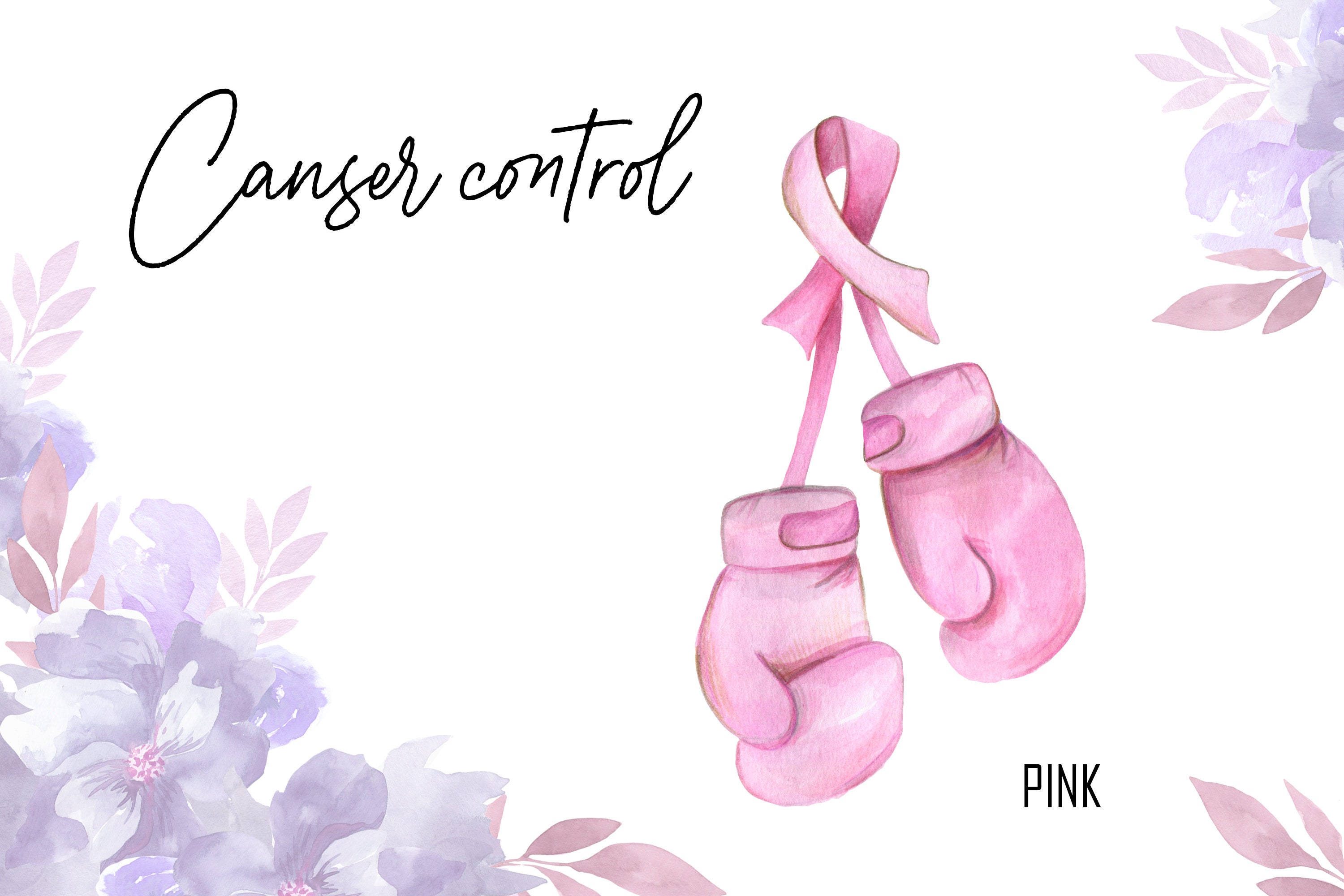 Hand Drawn Boxing Gloves. Watercolor Cancer Control. Pink Ribbon as ...