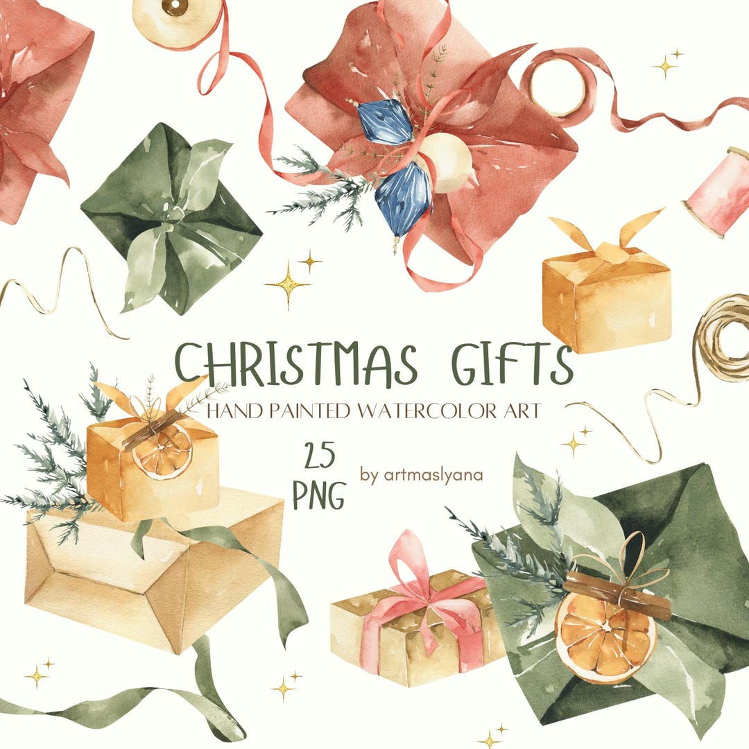 Watercolor Christmas Clipart of Gifts, Packages and Ribbons for Instant ...