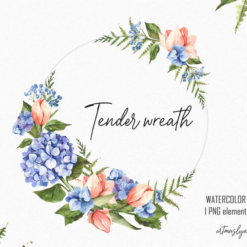 Watercolor Digital Floral Wreath Clipart for Design. Hydrangea - Etsy