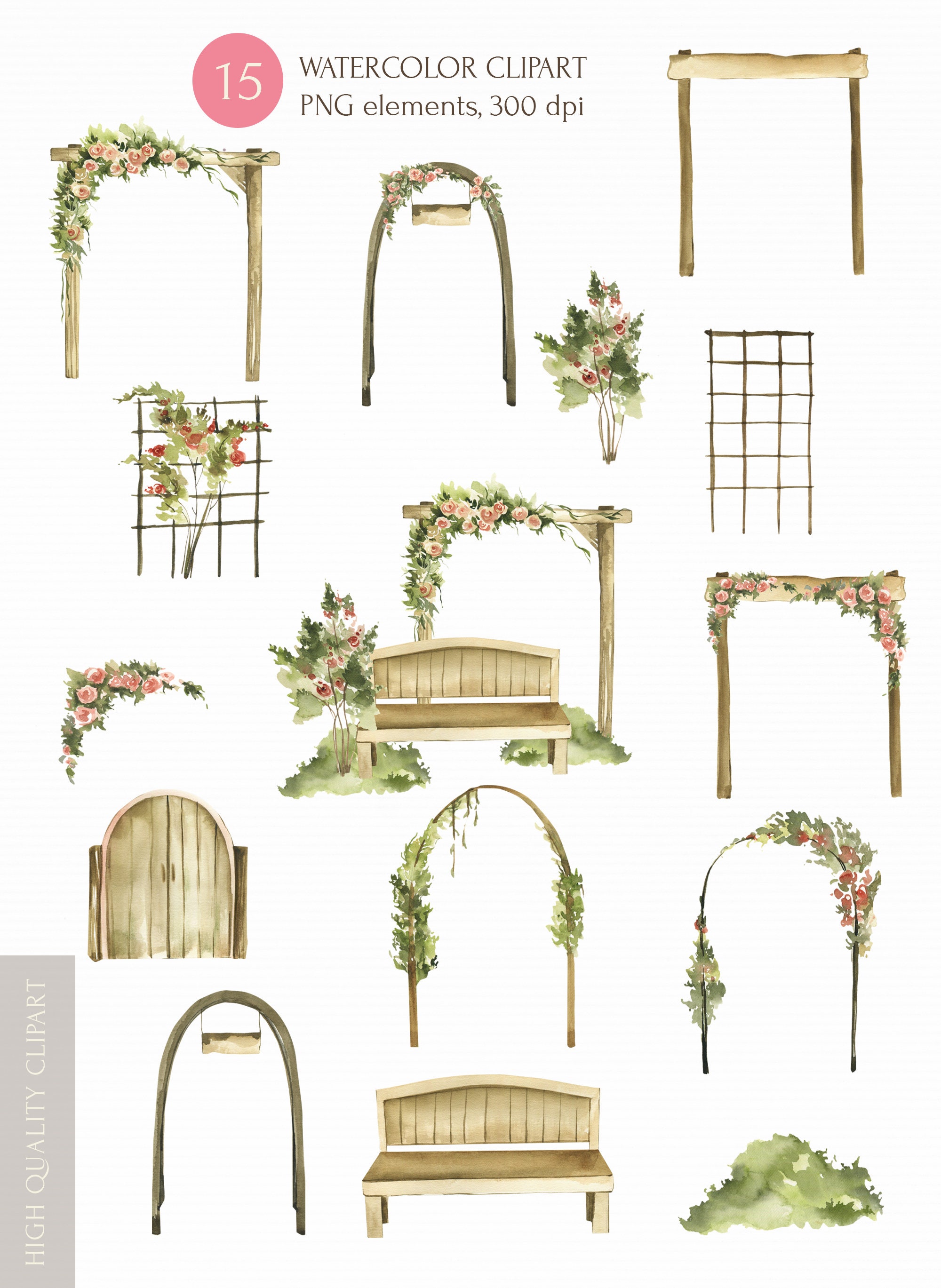 Watercolor Garden arches benches bushes flowers: roses | Etsy