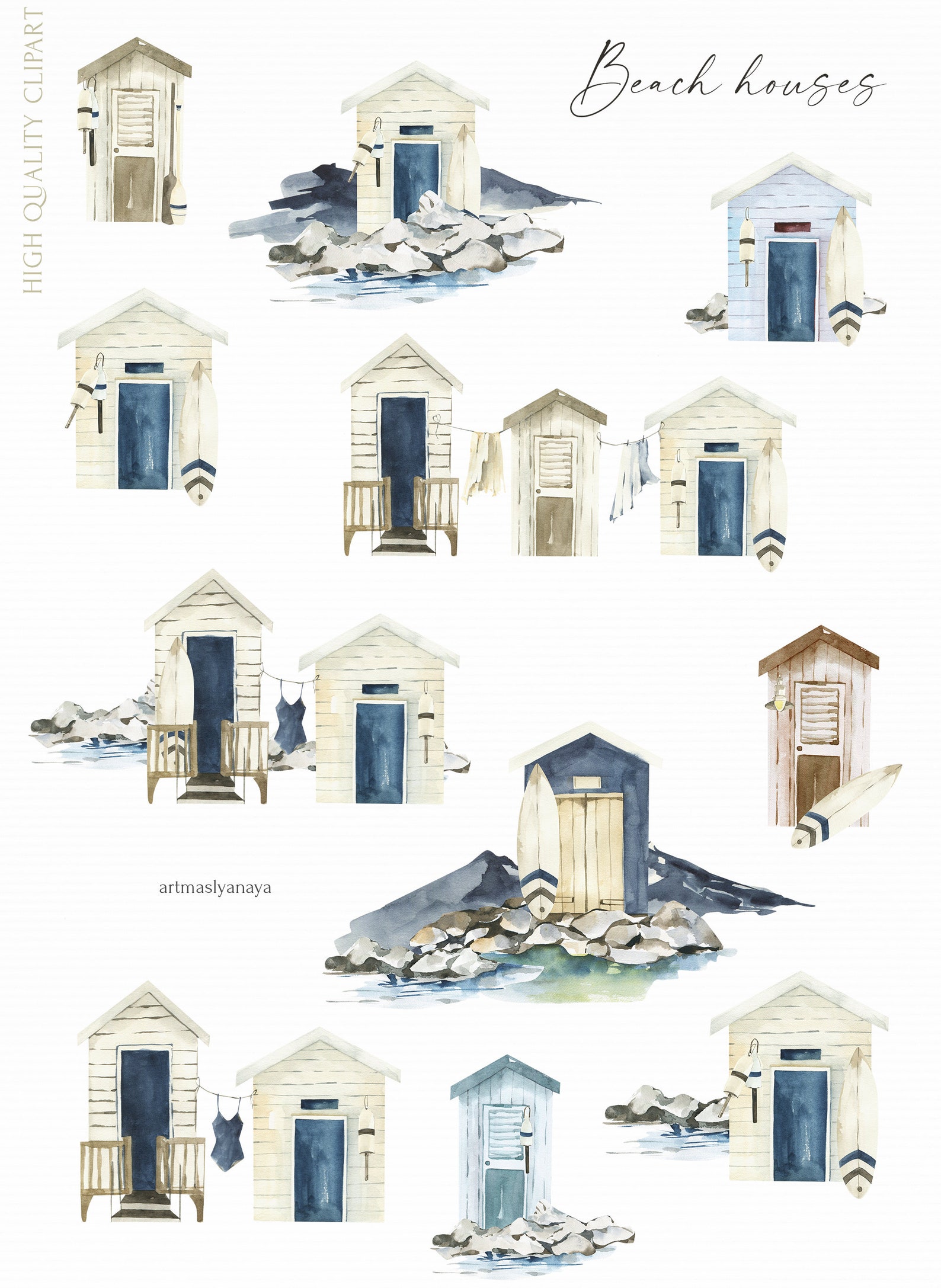 Watercolor Beach Houses Clipart. Digital Painted Summer - Etsy