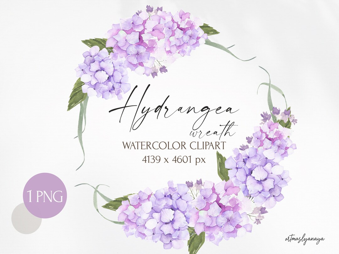 Watercolor Wreath of Hydrangea Flowers, Clipart for Instant Download ...