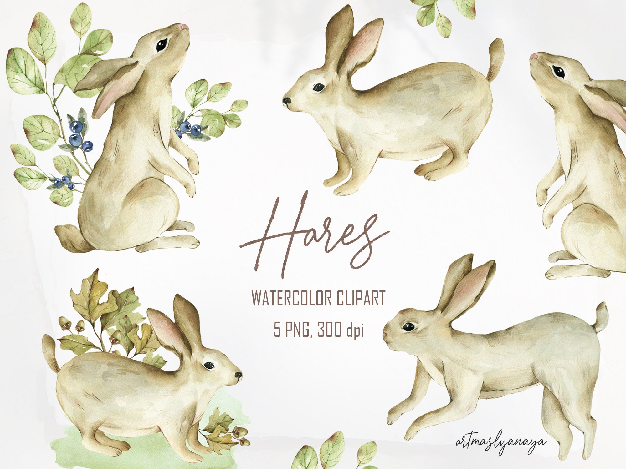Watercolor Realistic Rabbits Clipart. Forest Animals Set for Instant ...
