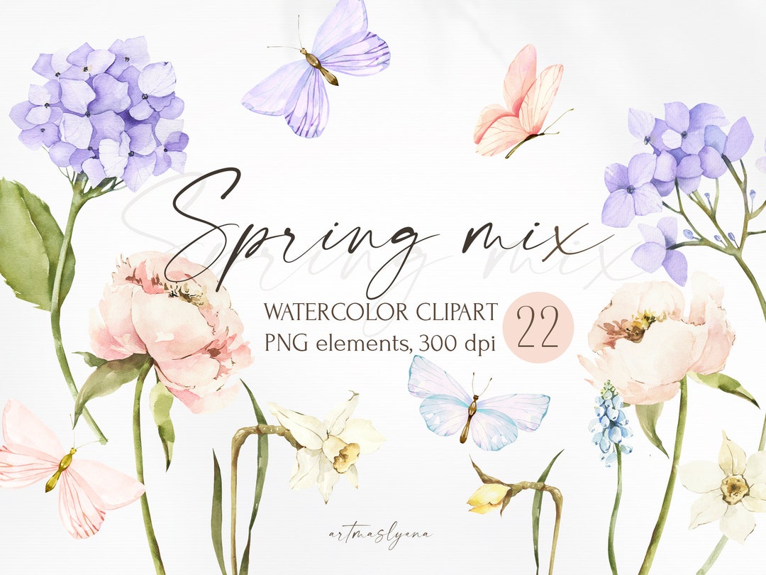 Watercolor Spring Flowers, Butterflies Clipart Mix. Digital Blossom ...