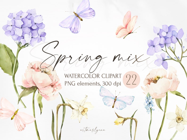 Watercolor Spring Flowers Butterflies Clipart Mix. Digital - Etsy