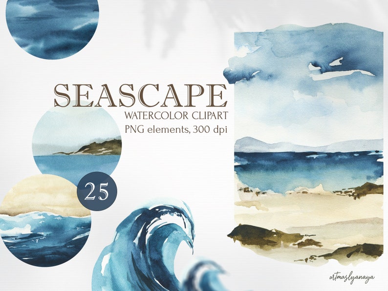 Watercolor Seascape Clipart. Ocean Views Waves Sea and Sand | Etsy