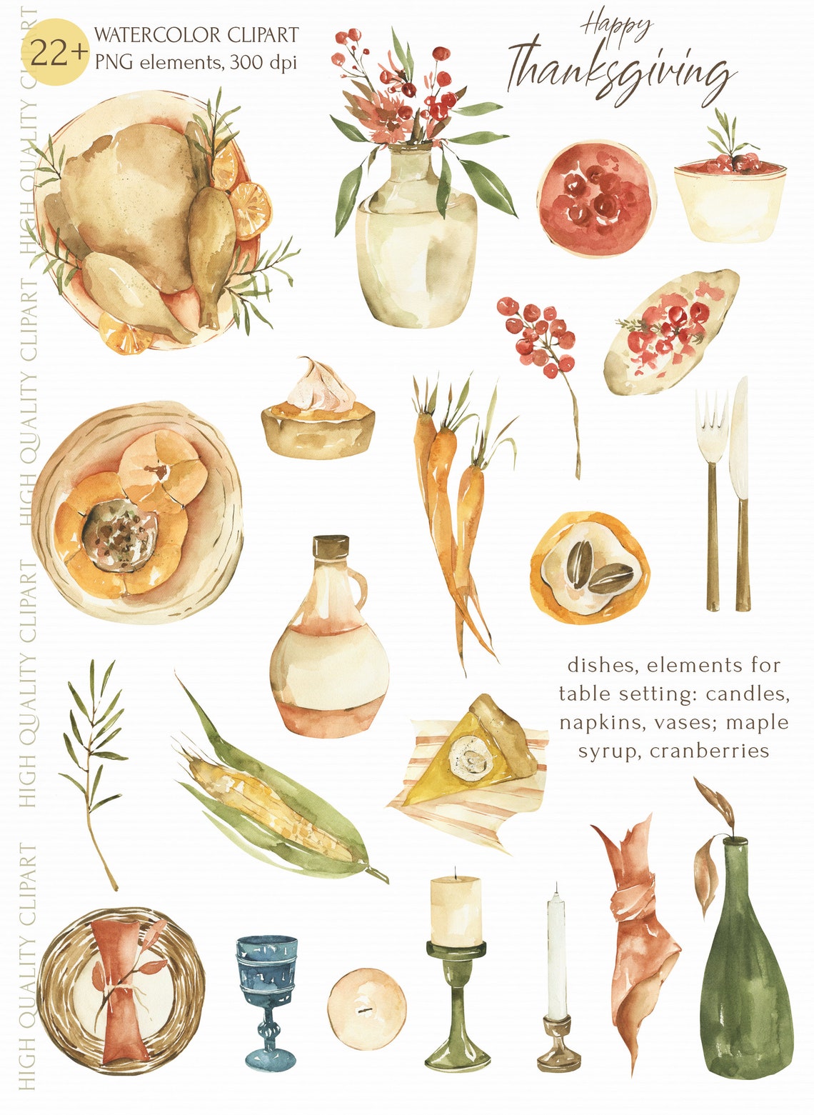 Watercolor Thanksgiving Clipart. Autumn Elements Traditional - Etsy