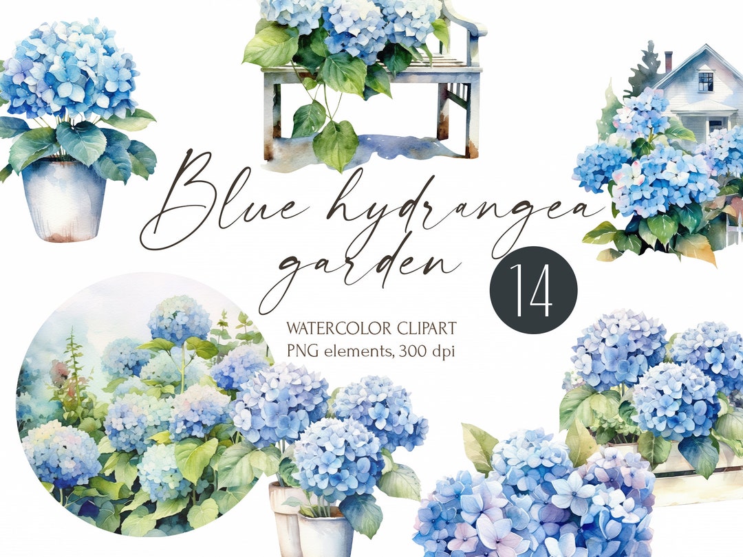 Watercolor Blue Hydrangea Garden Clipart, Gardening. House, Birdhouse ...