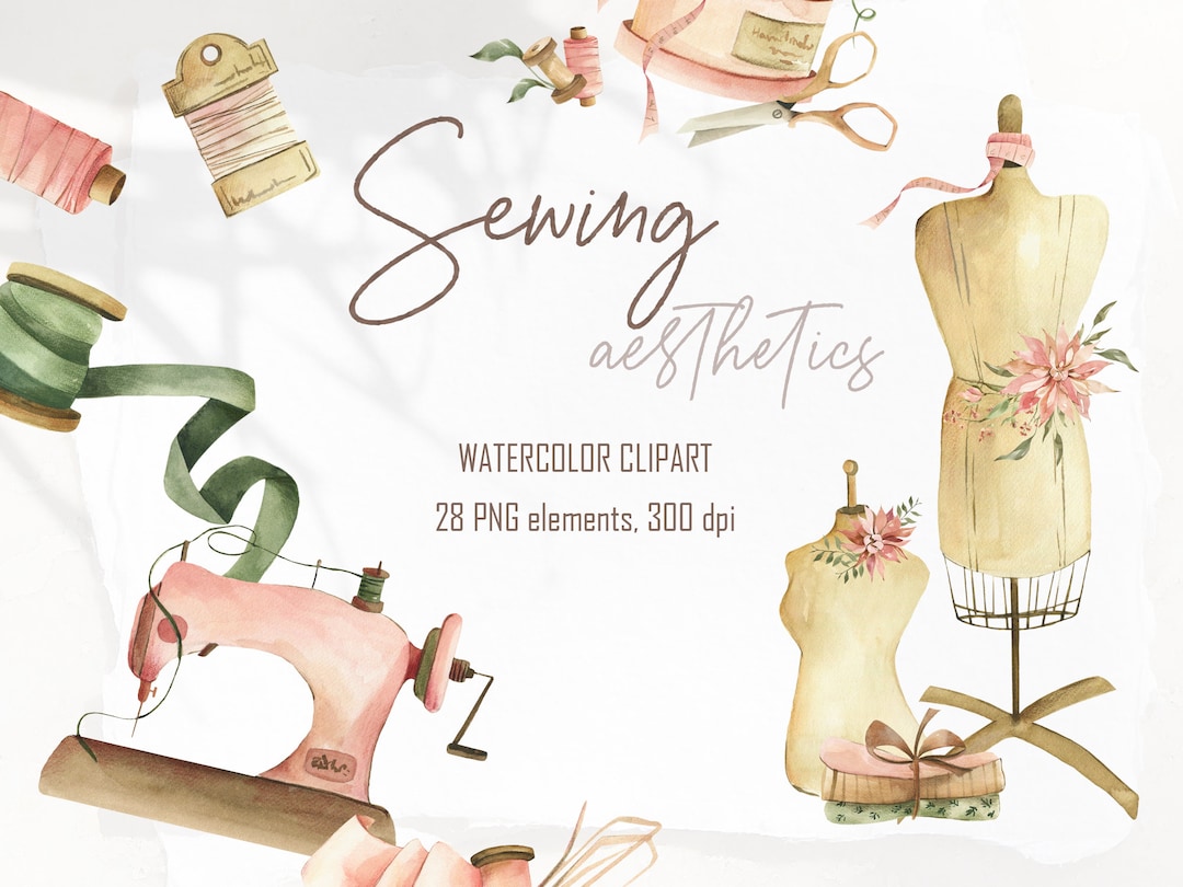 Watercolor Sewing Aesthetics Clipart. Digital Painted Tools, Sewing ...