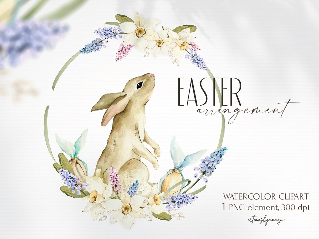 Watercolor Easter Arrangement Clipart, Rabbit, Spring Flowers, Leaves ...