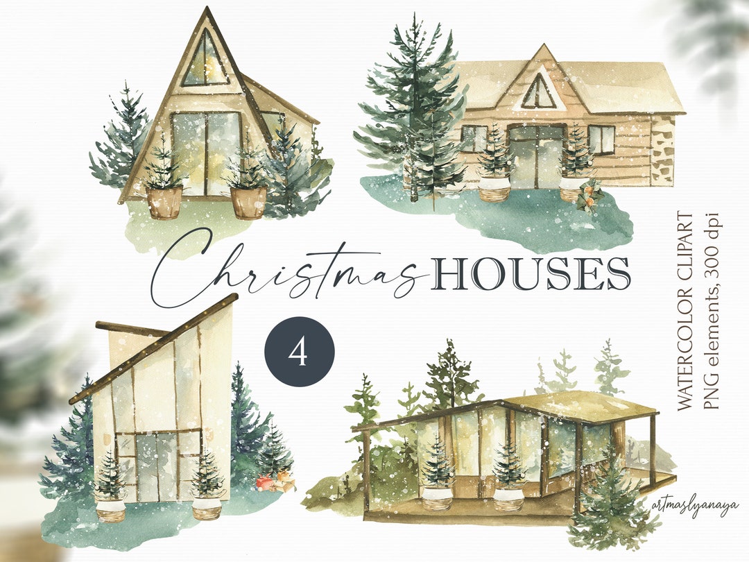 Watercolor Christmas Houses Clipart, Winter Holidays Time, Christmas ...