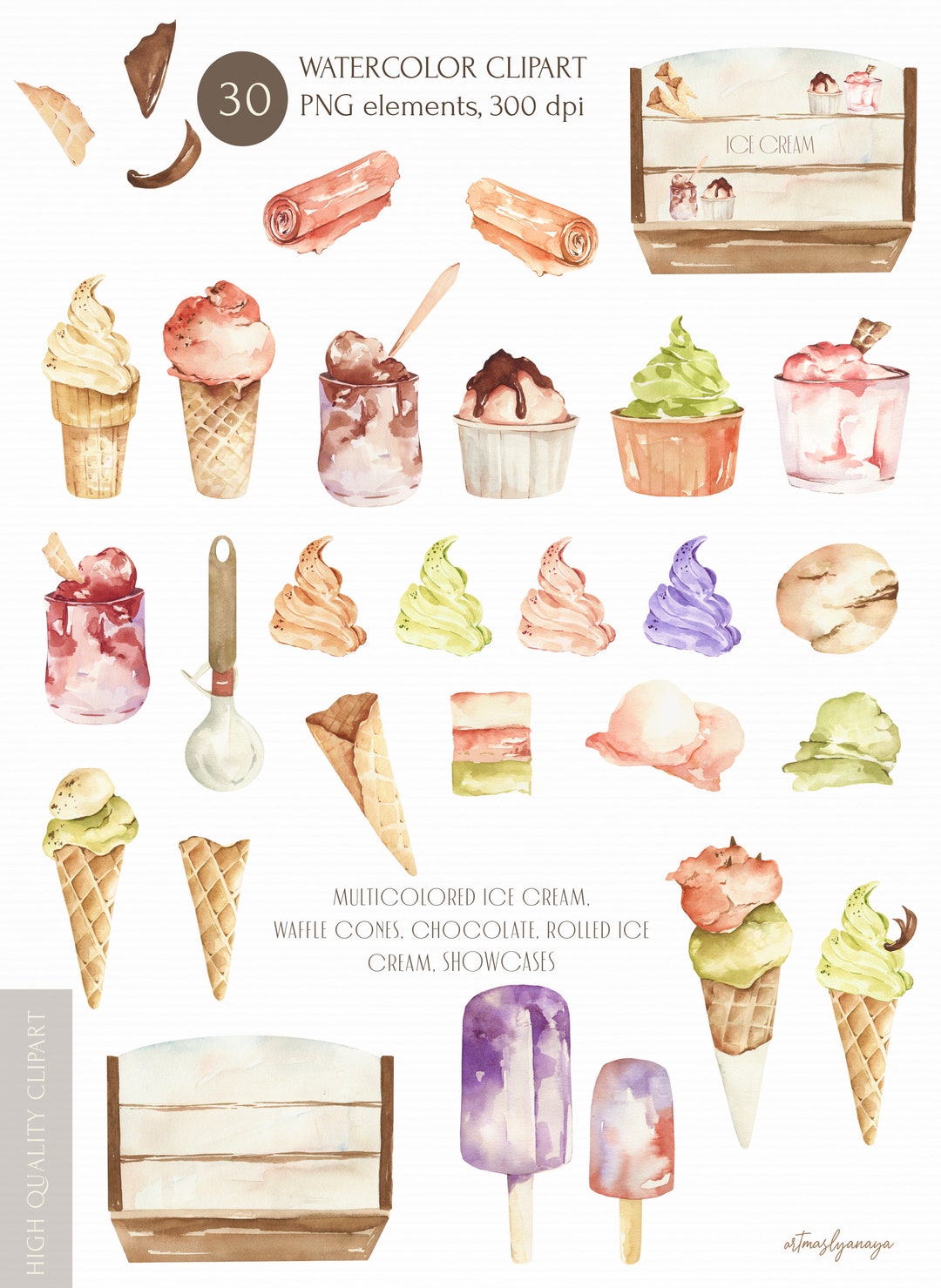 Watercolor Ice Cream Clipart. Ice Cream Waffle Cone, Ice Cream Scoops ...