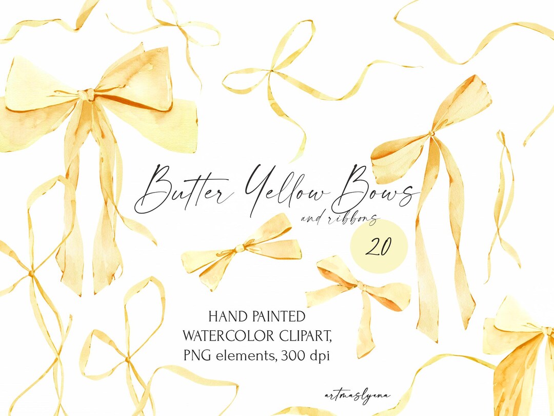 Watercolor Pastel Yellow Bows, Hand Painted Festive Elements in Trendy ...