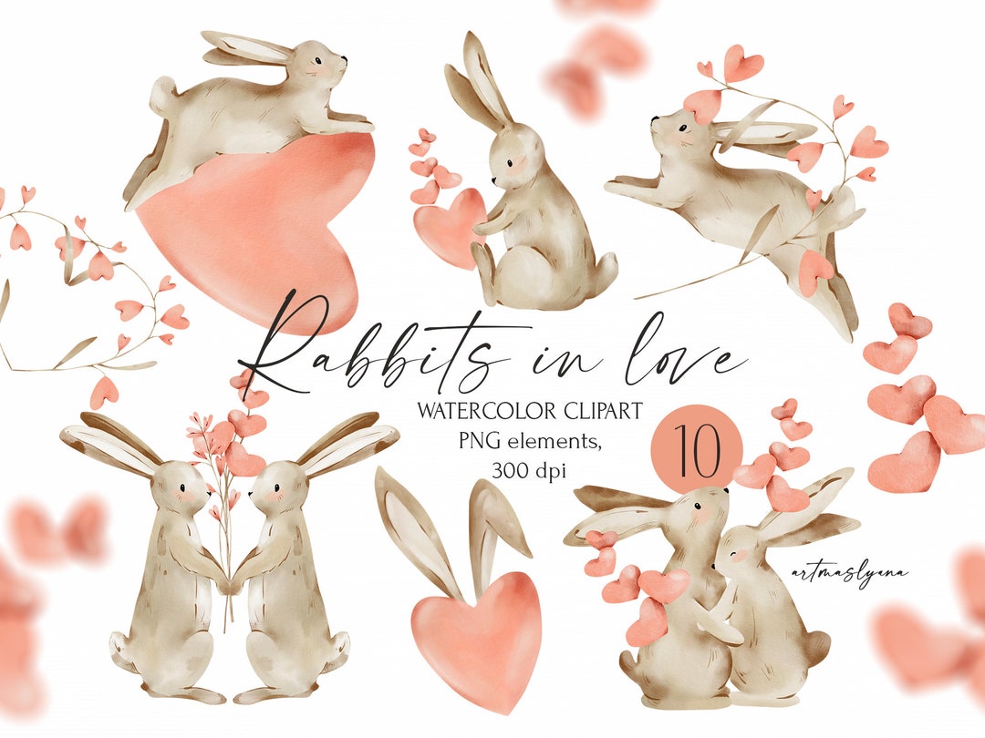 Watercolor Clipart Valentine's Day, Rabbits in Love, Bunny Images, Cute ...