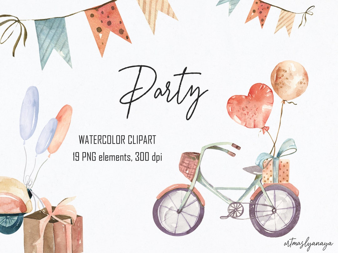 Watercolor Party Clipart for Birthday or Bridal Shower. Balloons ...