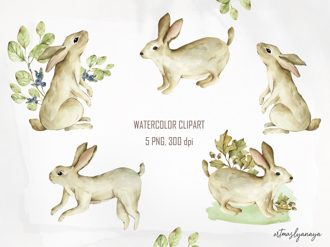 Watercolor Realistic Rabbits Clipart. Forest Animals Set for Instant ...