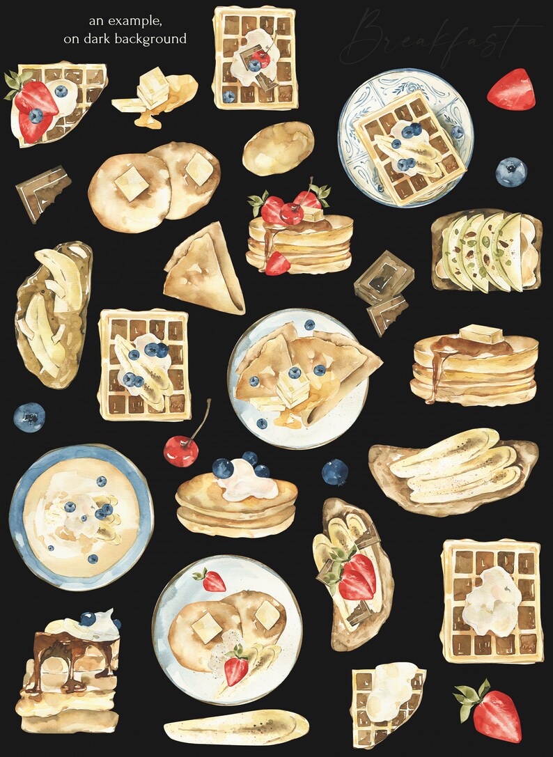 Watercolor Sweet Breakfast Clipart. Tasty Food: Toast Waffle - Etsy