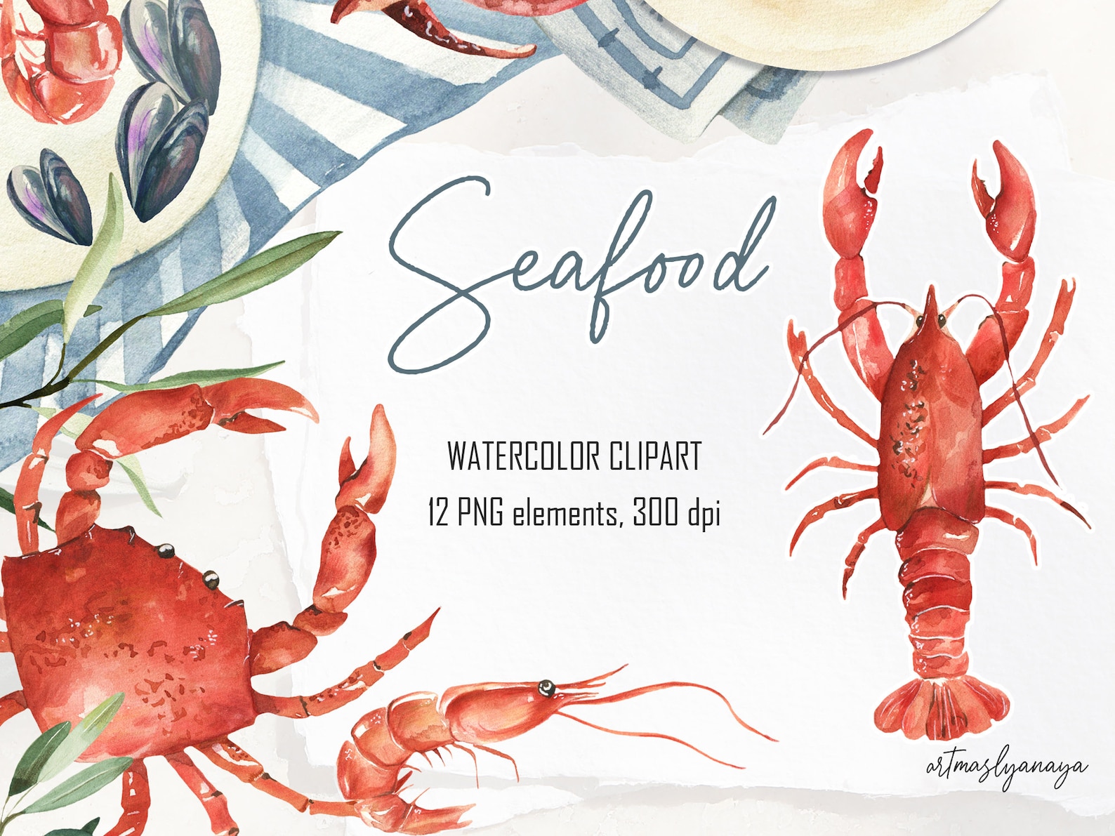 Watercolor Seafood Clipart for Instant Download. Hand Drawn Srimps ...