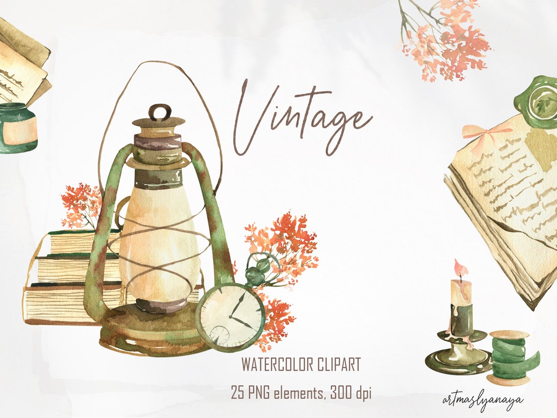 Watercolor Vintage Clipart Collection. Hand Painted Books | Etsy