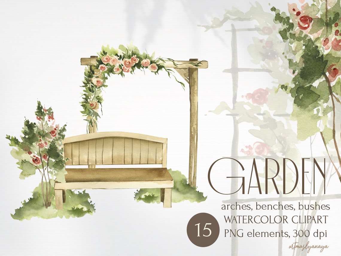 Watercolor Garden Arches Benches Bushes Flowers: Roses - Etsy