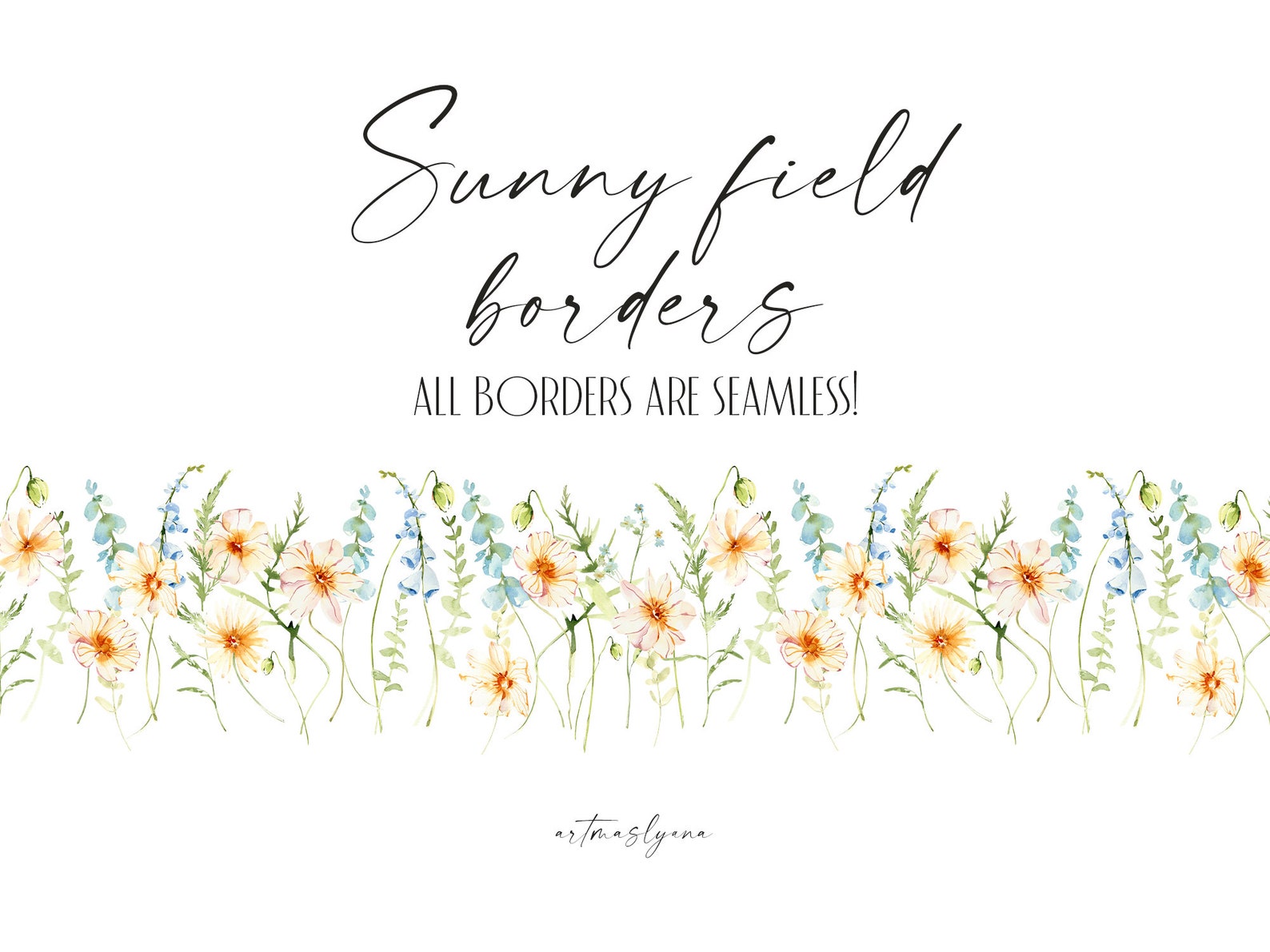 Watercolor Seamless Borders, Sunny Field Flowers and Greenery Borders ...