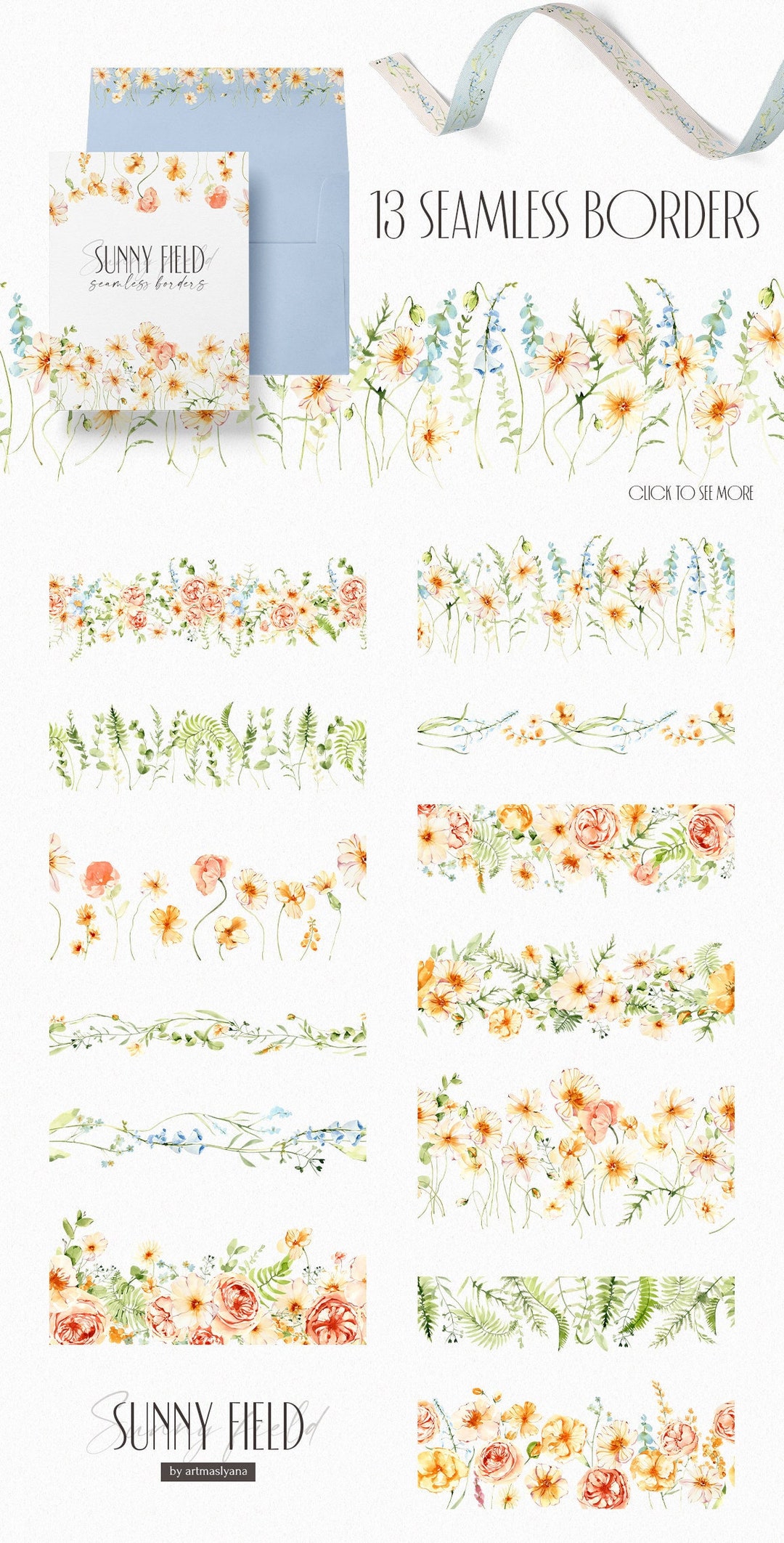 Watercolor Seamless Borders, Sunny Field Flowers and Greenery Borders ...