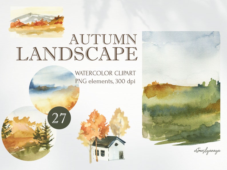 Watercolor Autumn Landscape Clipart. Fall Time Scapes. Tree - Etsy