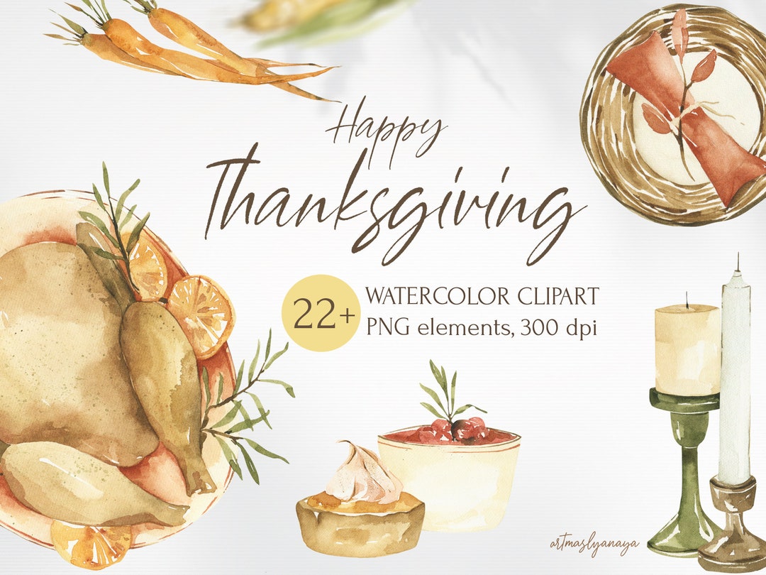 Watercolor Thanksgiving Clipart. Autumn Elements, Traditional Dishes ...