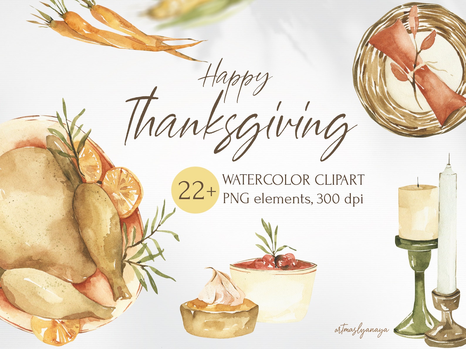Watercolor Thanksgiving Clipart. Autumn Elements Traditional - Etsy