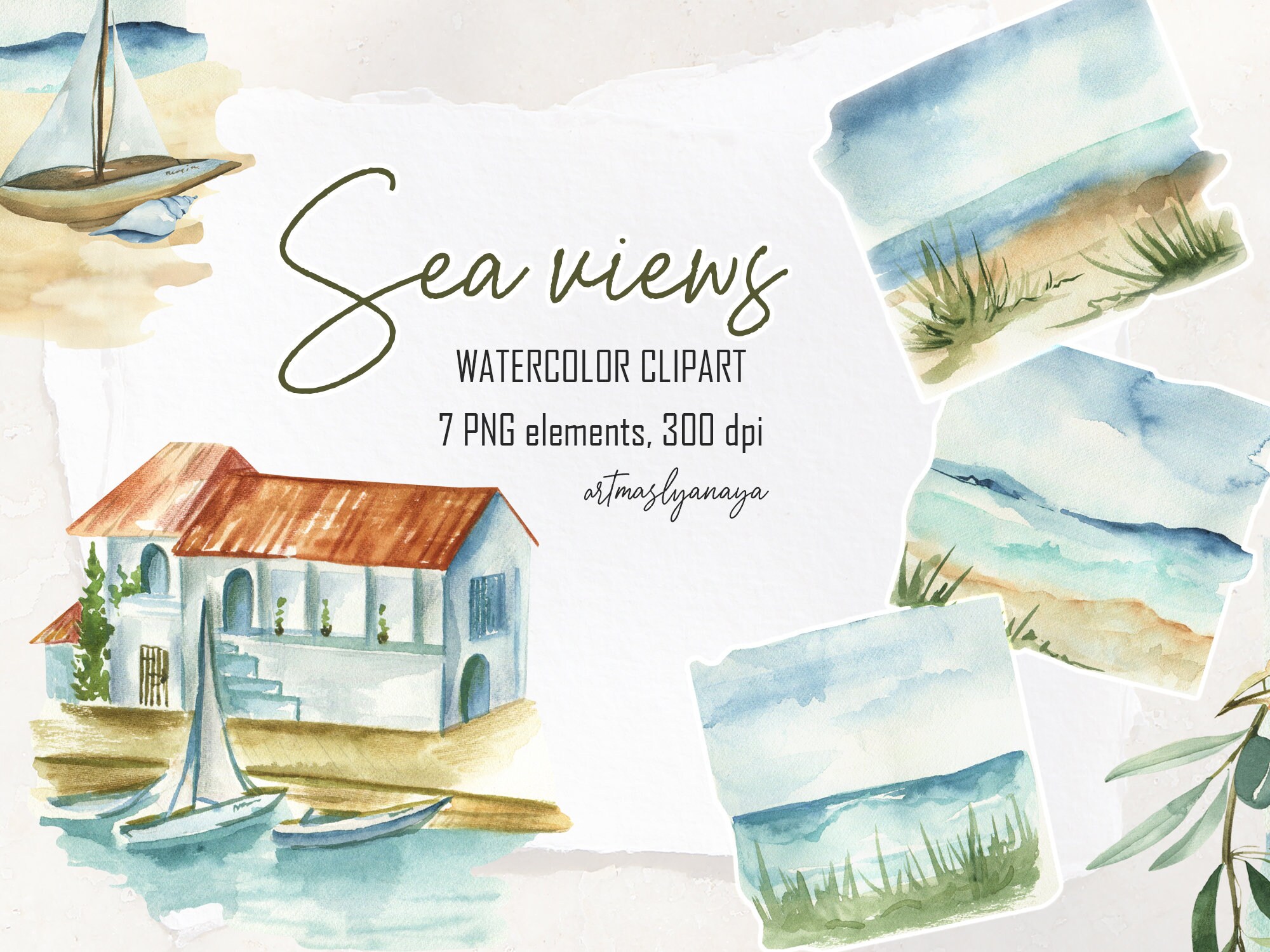 Art & Collectibles Watercolor Seascapes clipart for instant download ...
