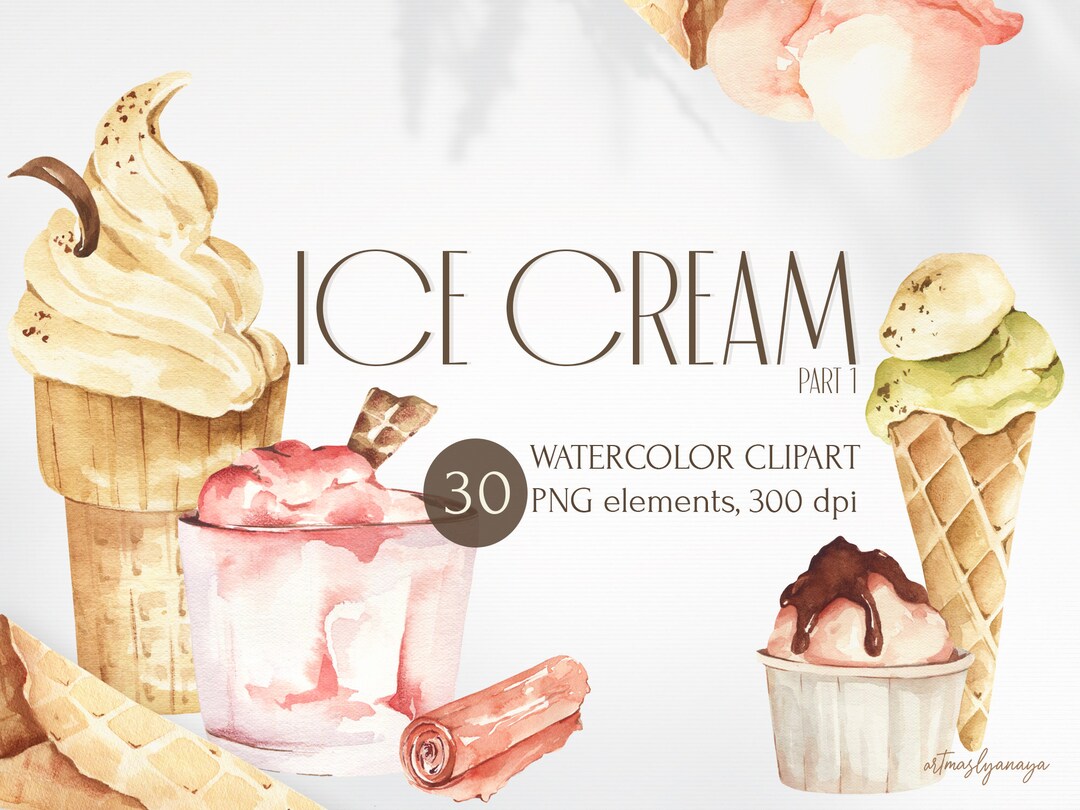 Watercolor Ice Cream Clipart. Ice Cream Waffle Cone, Ice Cream Scoops ...