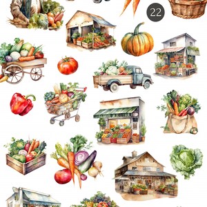 Watercolor Farmer's Market Clipart: Farmer, Vegetables, Baskets, Boxes ...