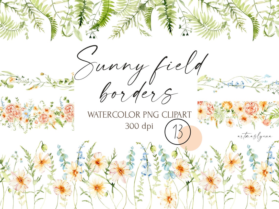 Watercolor Seamless Borders, Sunny Field Flowers and Greenery Borders ...