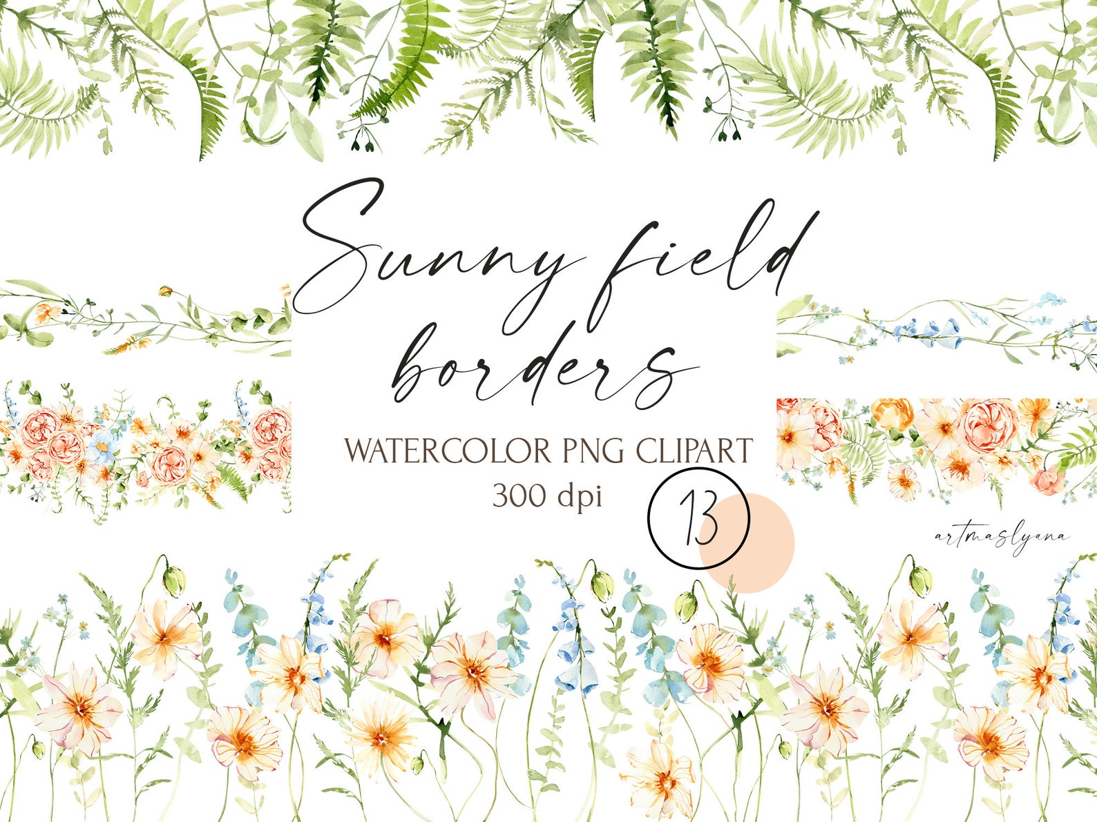 Watercolor Seamless Borders, Sunny Field Flowers and Greenery Borders ...