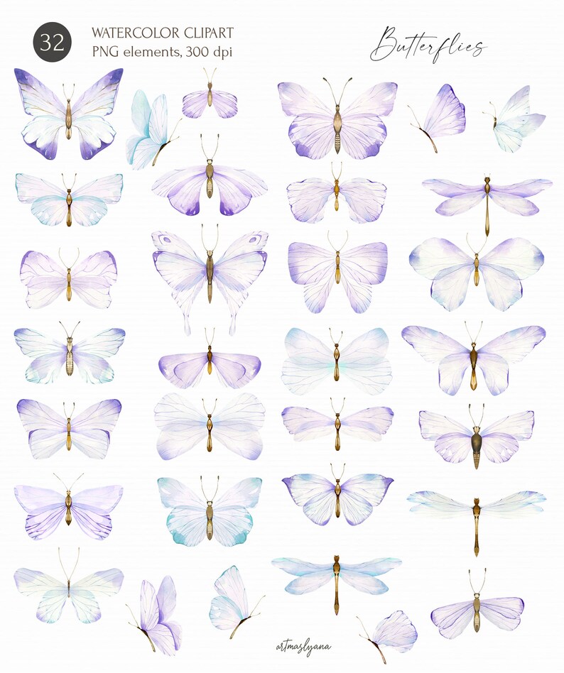 Watercolor Butterfly Clipart, Tender Blue-violet Butterflies Digital ...