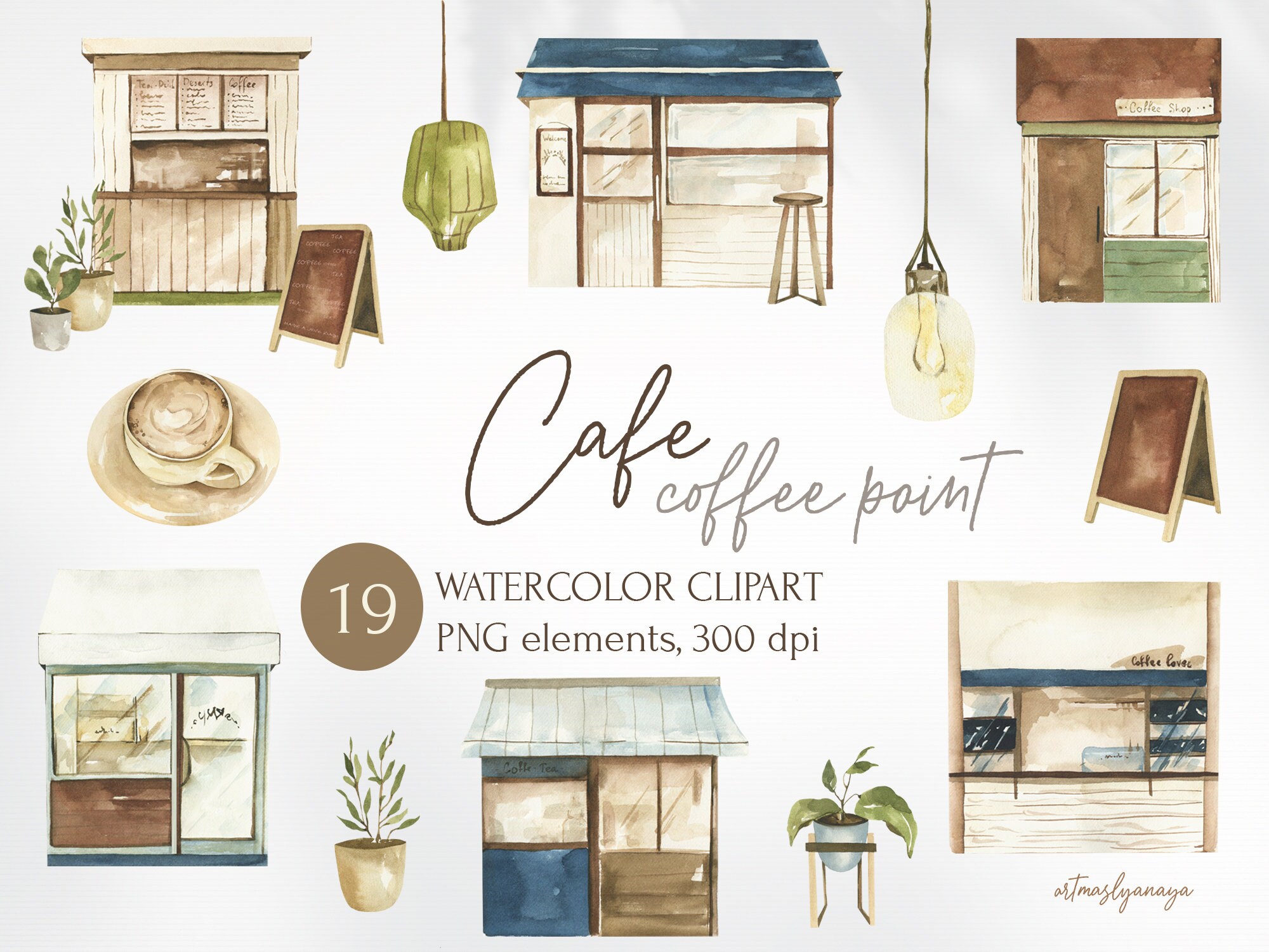 Watercolor Coffee Houses Cafe Buildings Modern Coffee Point. - Etsy