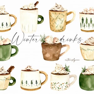 Watercolor Hot Winter Drinks Clipart, Christmas Cups, Cute Ceramic Mugs ...