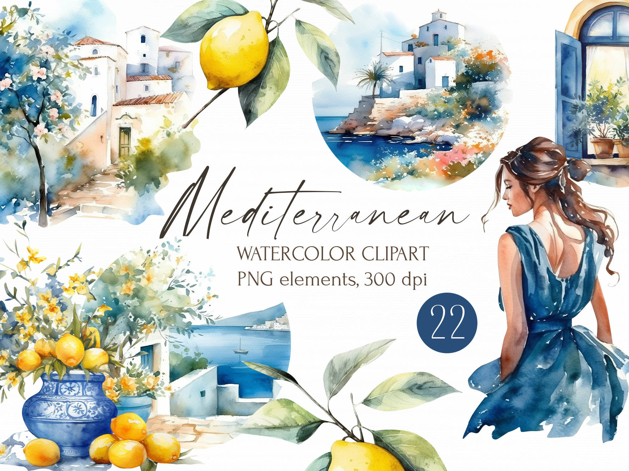 Watercolor Mediterranean Landscapes Clipart. Seascape Lemons - Etsy