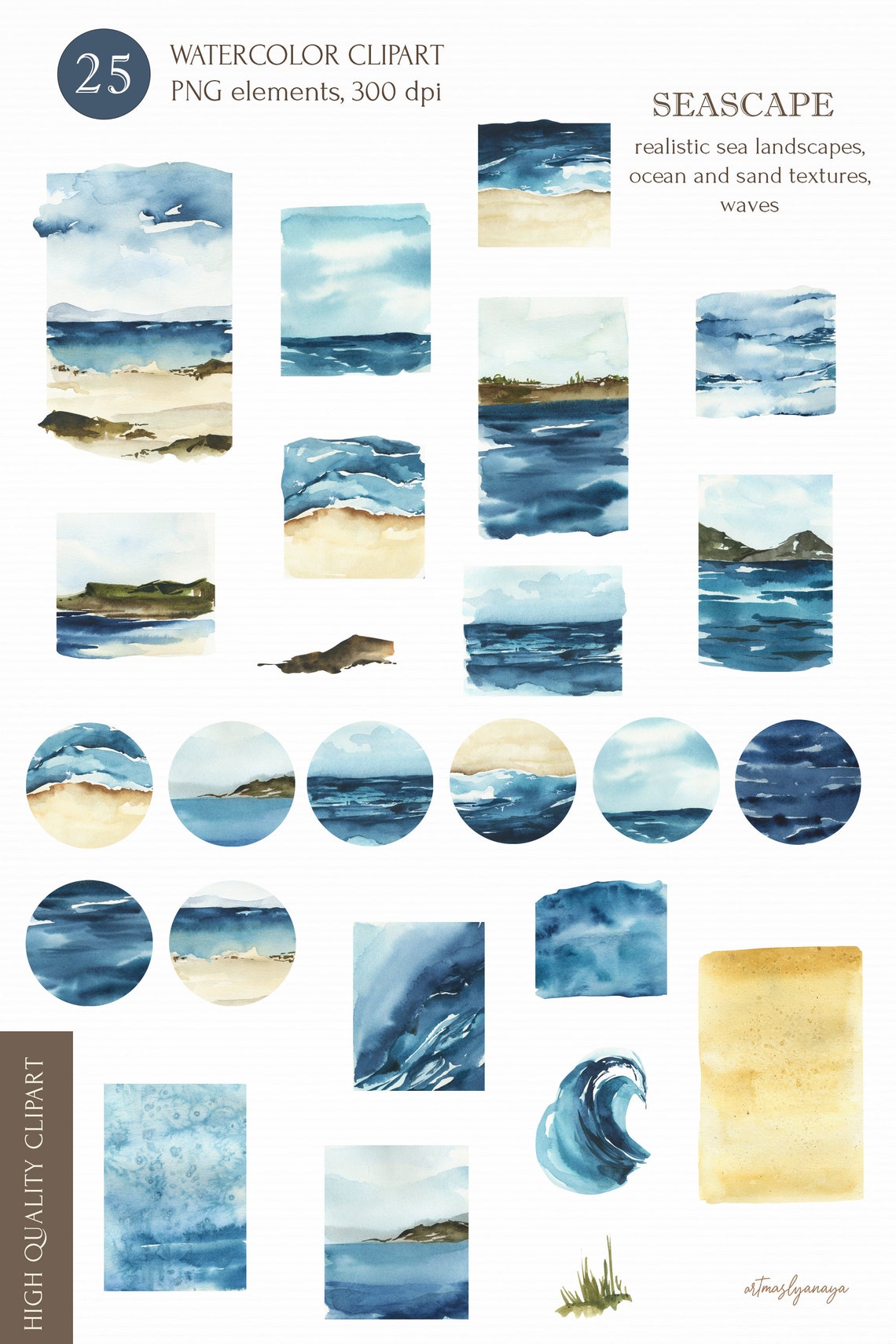 Watercolor Seascape Clipart. Ocean Views Waves Sea and Sand | Etsy