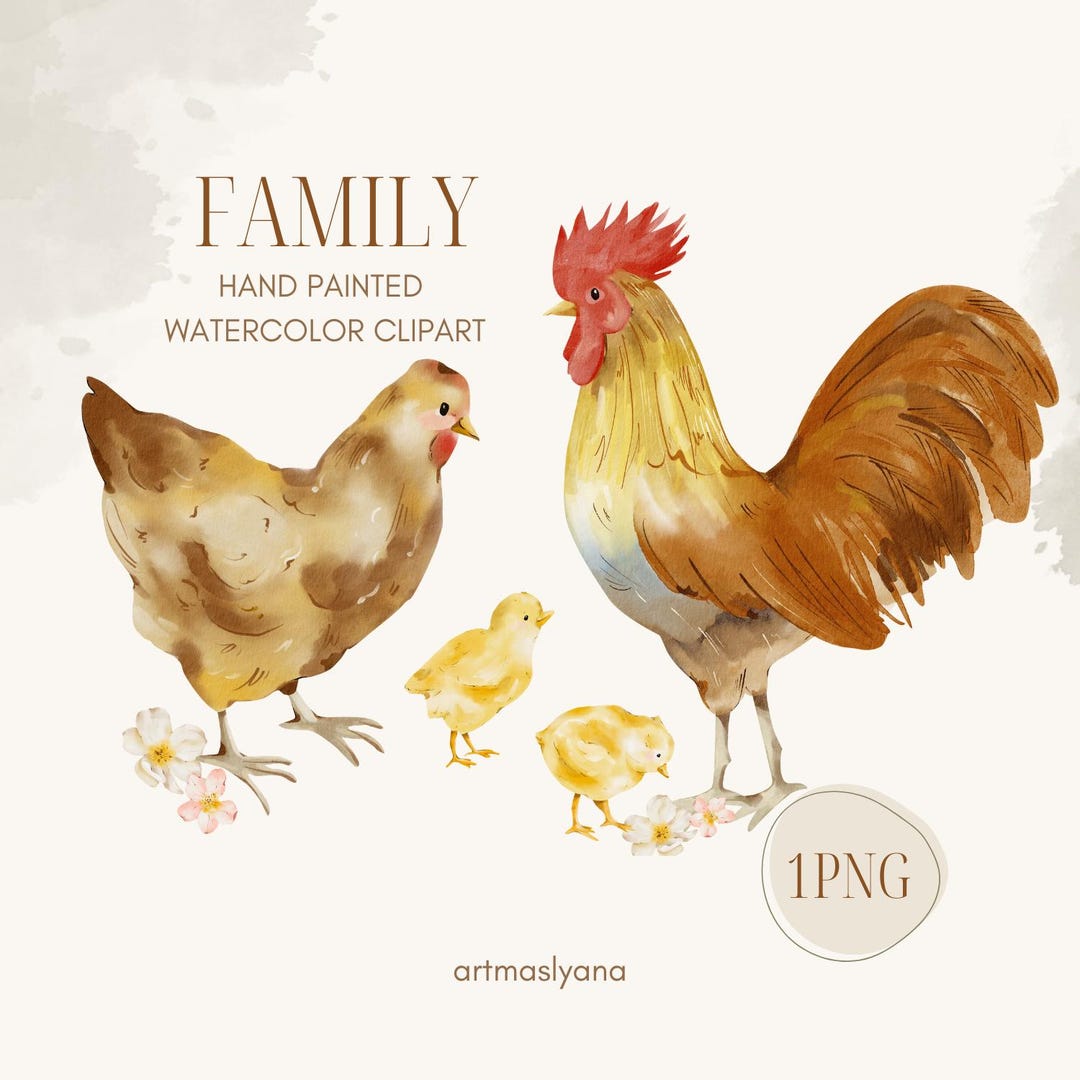 Watercolor Hen and Rooster Family Clipart, Chicken, Chicks, Cute Easter ...