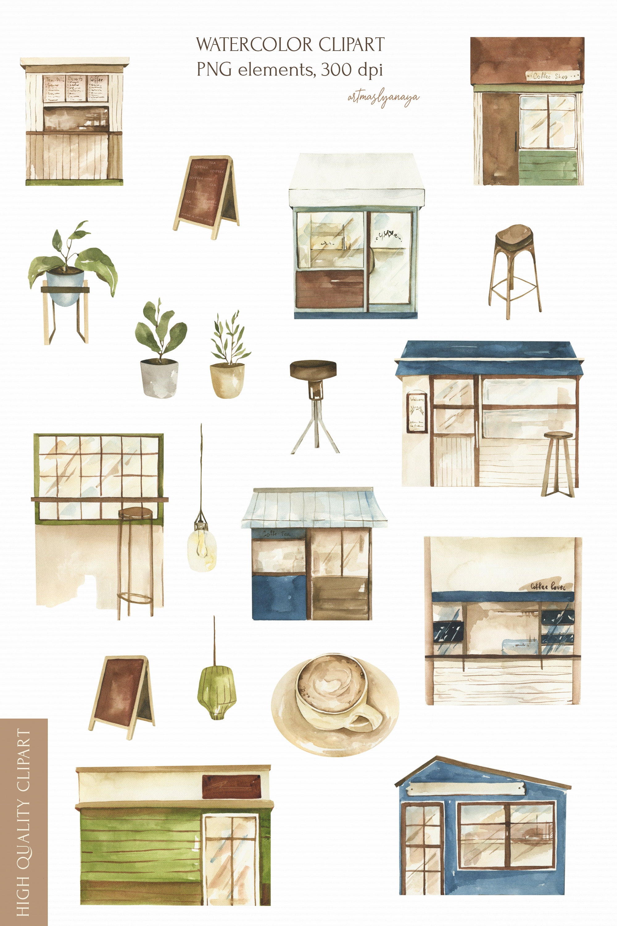 Watercolor Coffee Houses Cafe Buildings Modern Coffee Point. - Etsy