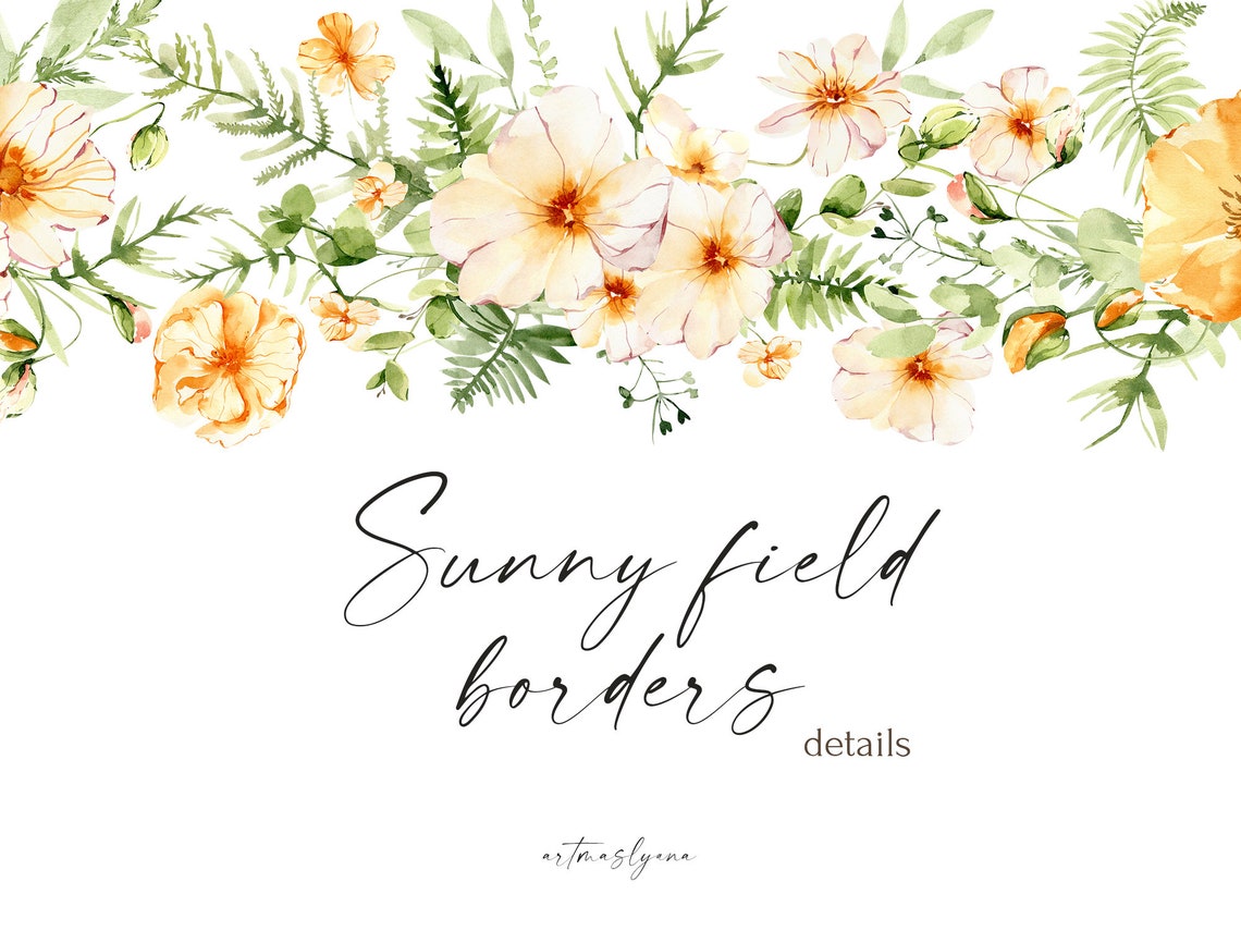 Watercolor Seamless Borders, Sunny Field Flowers and Greenery Borders ...
